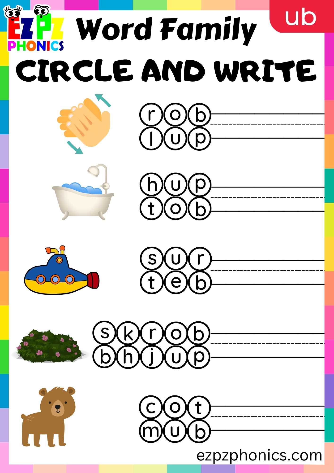 UB Words Circle And Write Phonics Word Families Worksheet - ezpzphonics.com